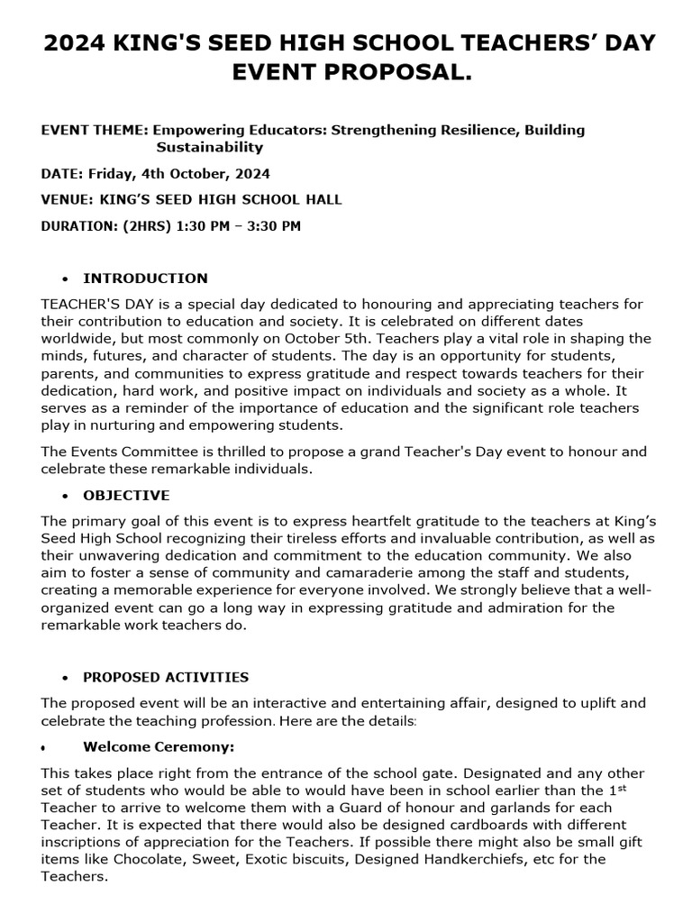 Teachers' Day Event Proposal 2024 | PDF