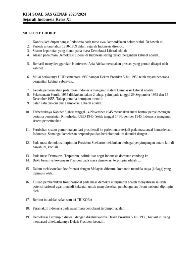 Kisi Soal SAS SEJARAH KELAS 11 | PDF