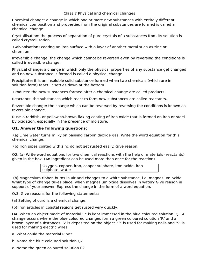 CH 5 Physical and Chemical Changes New Terms and Extra Questions | PDF