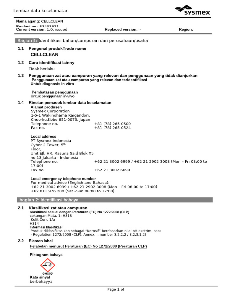 SDS Sysmex Hematology CELLCLEAN - 83401621 - v1.0 - ID | PDF