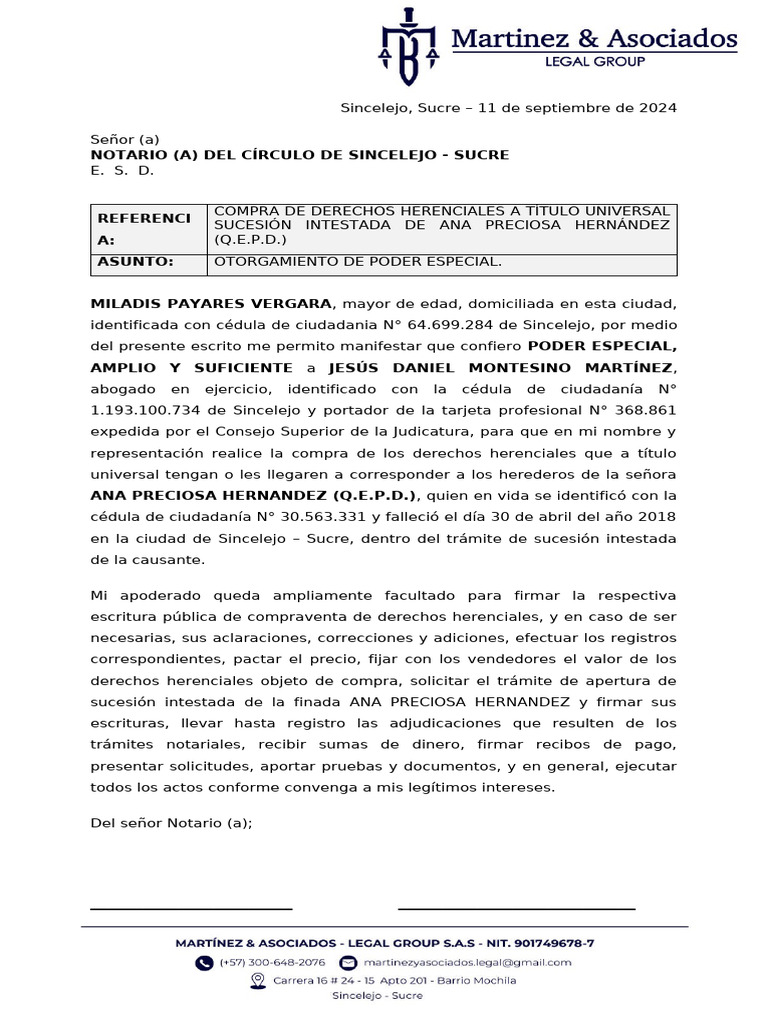 Poder Compra de Derechos Herenciales - Miladis Payares Vergara | PDF