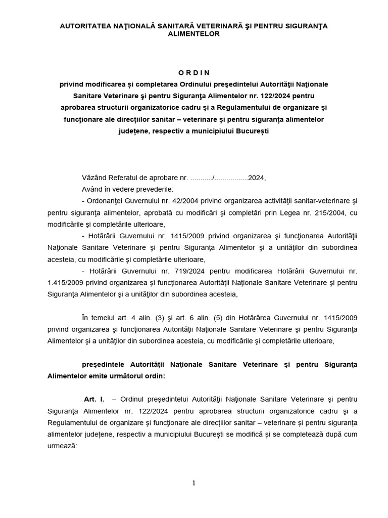 Proiect Ordin Modif Ordin 122 2024 ROF DSVSA 23.09.2024 | PDF