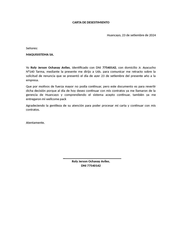 Carta de Desestimiento Roly | PDF