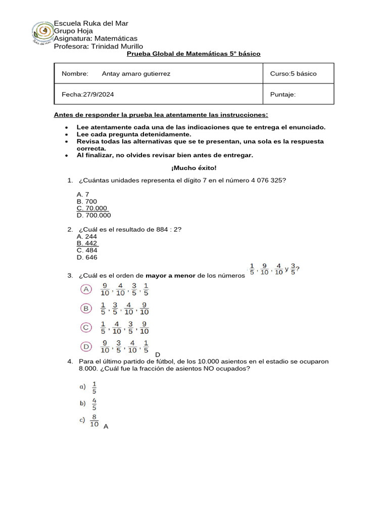 Prueba Mate 5to ANTAY | PDF