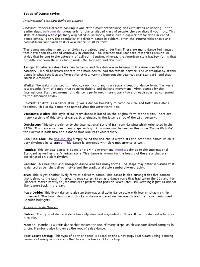 Types of Dance Styles | PDF | Dances | Ballroom Dance