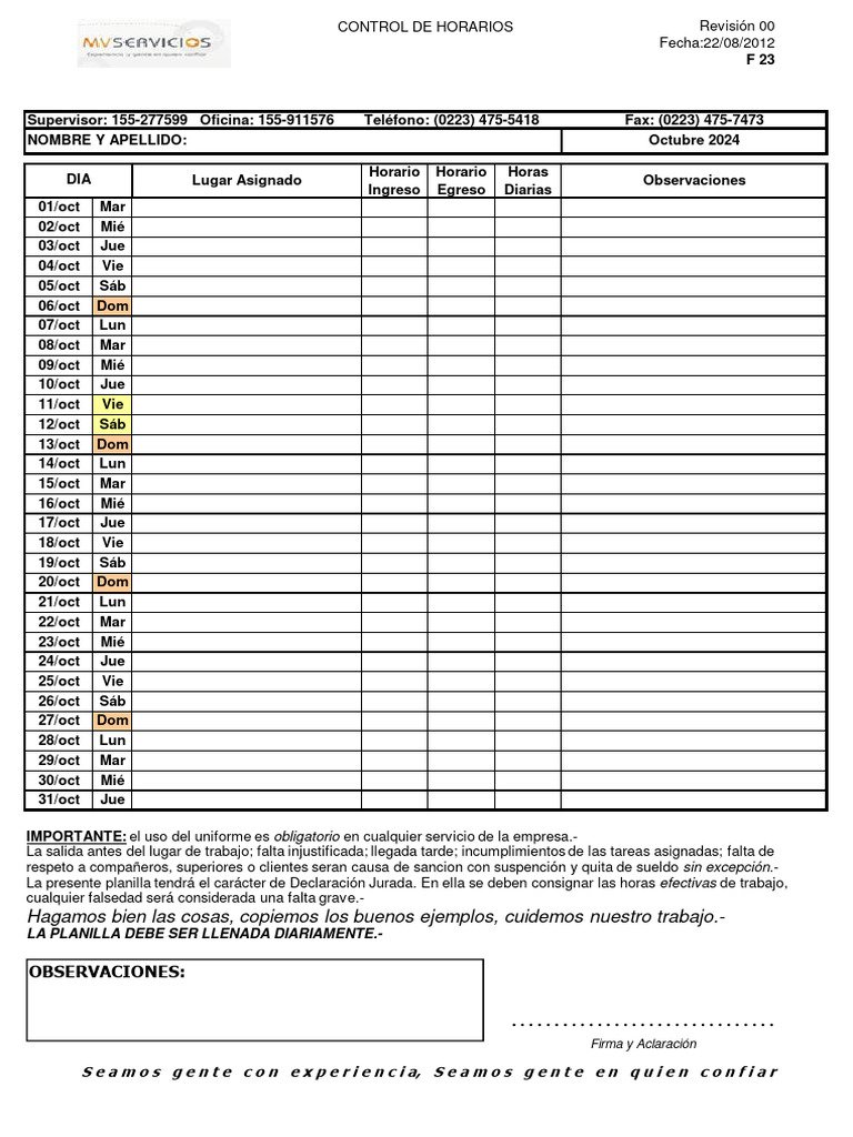 Planilla Control de Horarios | PDF