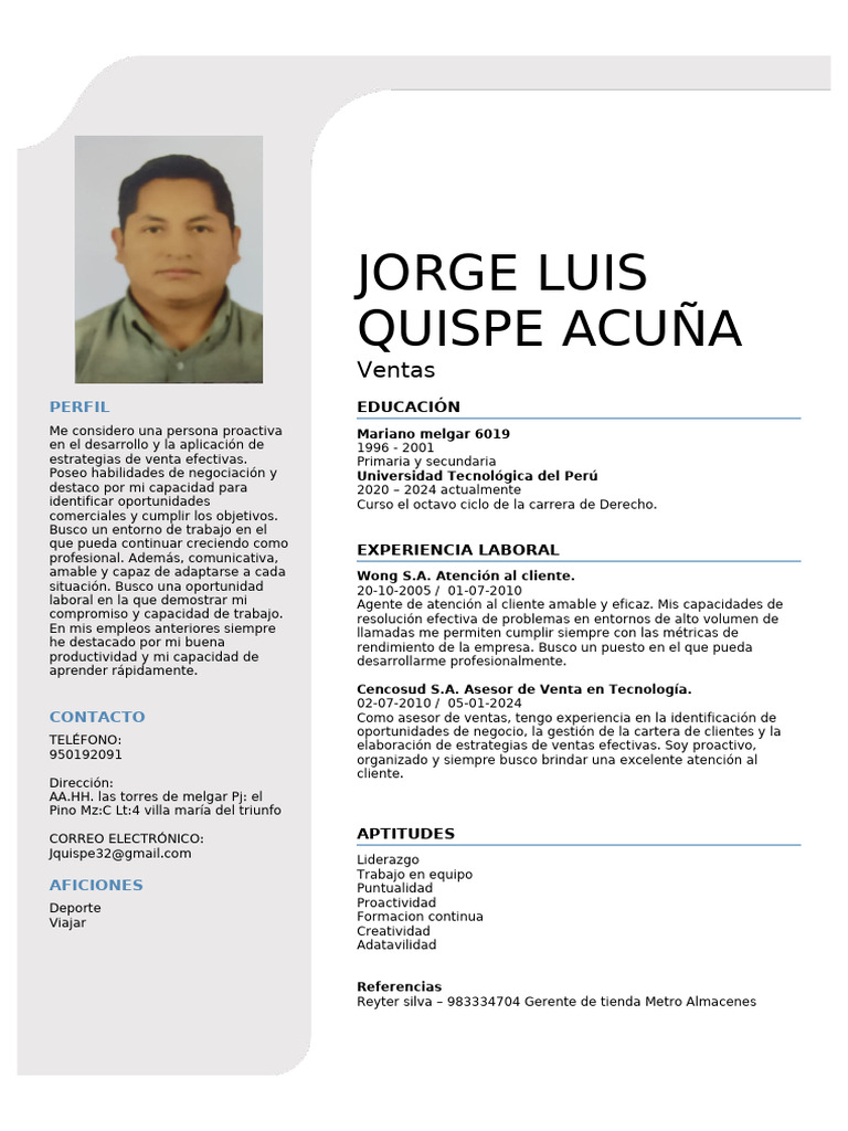 Jorge Luis Quispe Acuña Curriculum | PDF