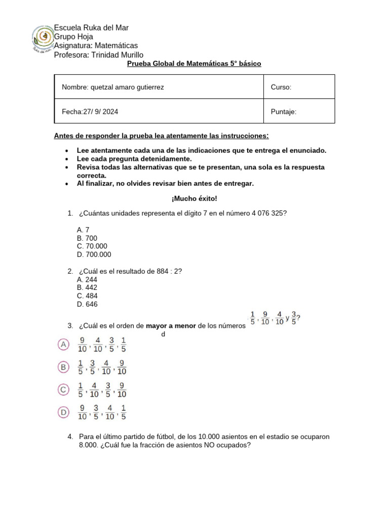 Prueba Mate 5to QUETZAL | PDF