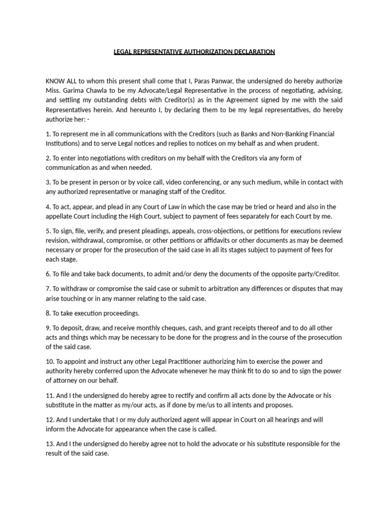 Legal Representative Authorization Declaration | PDF | Advocate | Social Science