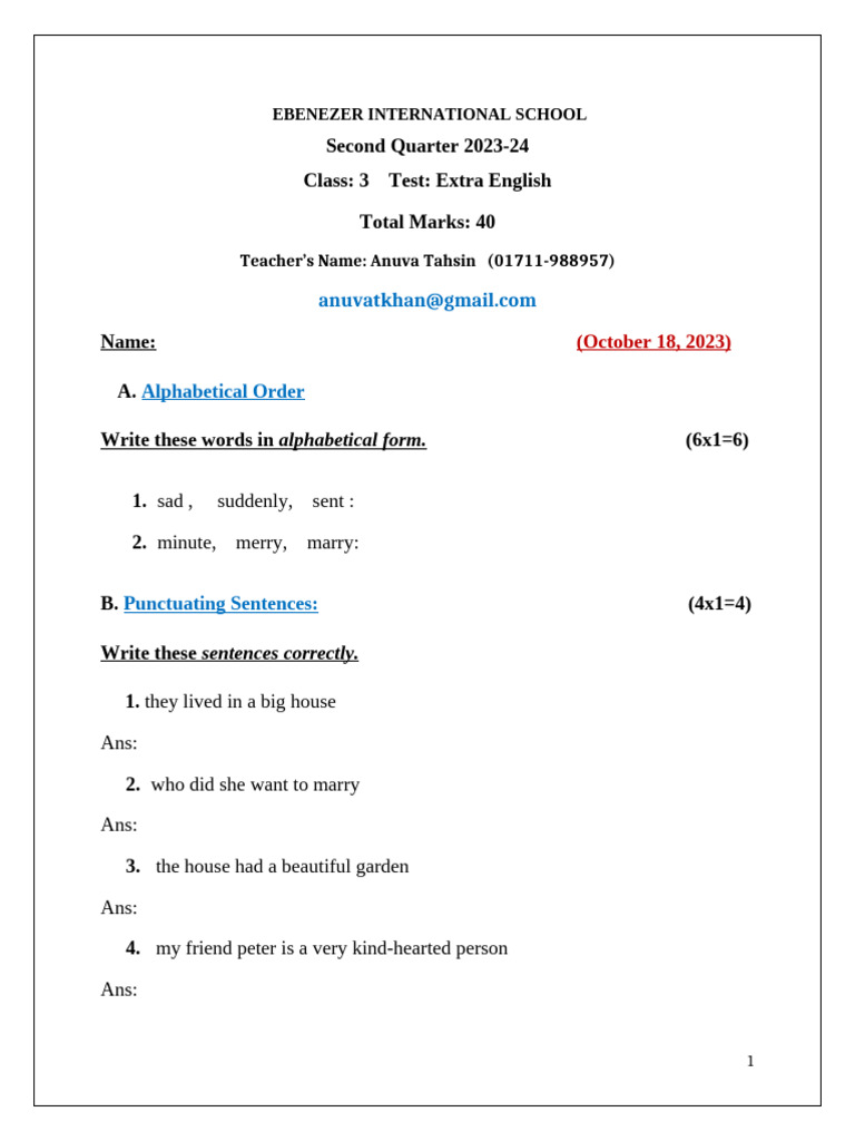 Test - Class 3 Extra English (Fiction) (Pgs 12-14, 18-20, 24 and 25) | PDF
