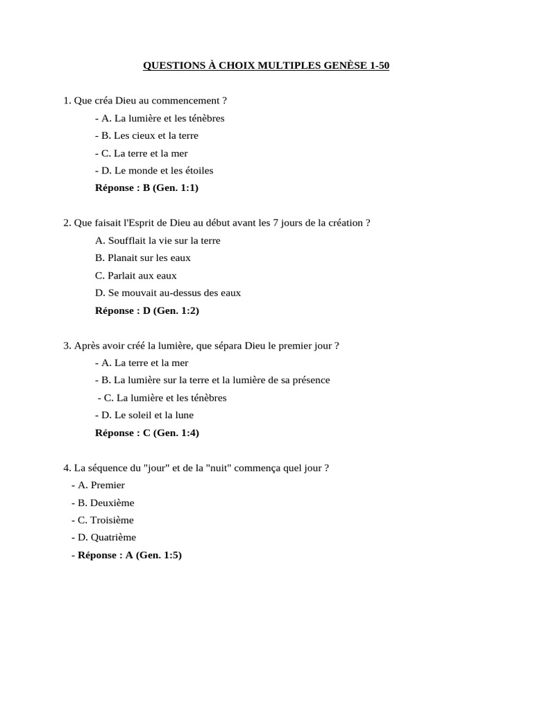 Questions À Choix Multiples Genèse 1 | PDF