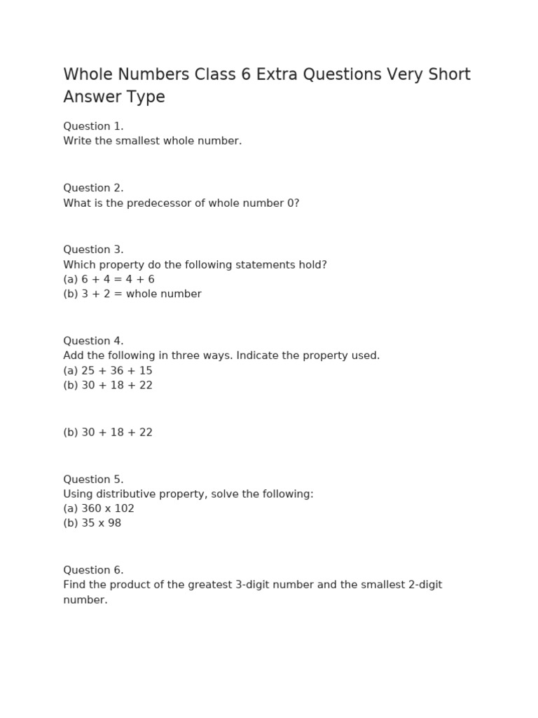 Class 6 Whole Numbers Extra Questions | PDF | Numbers | Natural Number