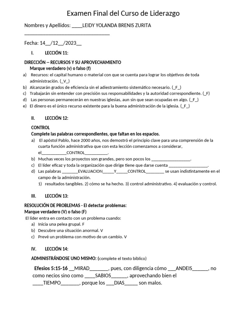 Examen Final Del Curso de Liderazgo FINAL | PDF
