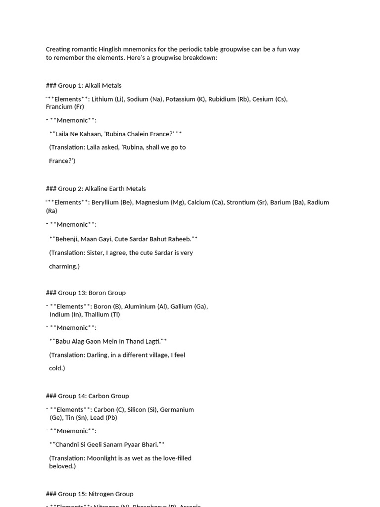 Creating Romantic Hinglish Mnemonics For The Periodic Table Groupwise Can Be A Fun Way To ...