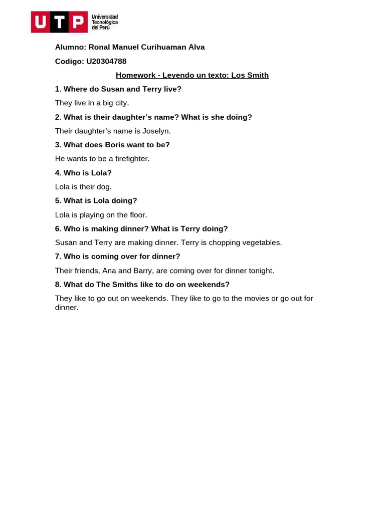 Homework - Leyendo un texto Los Smith | PDF