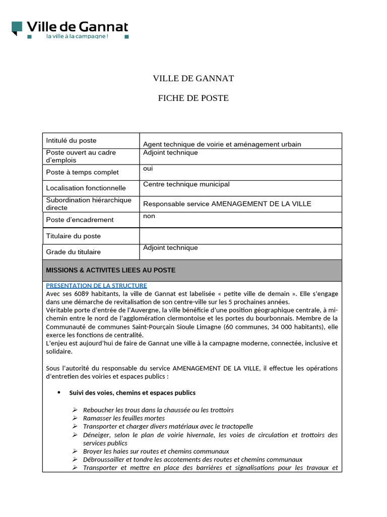 Fiche de Poste Amenagement 2024 1 | PDF