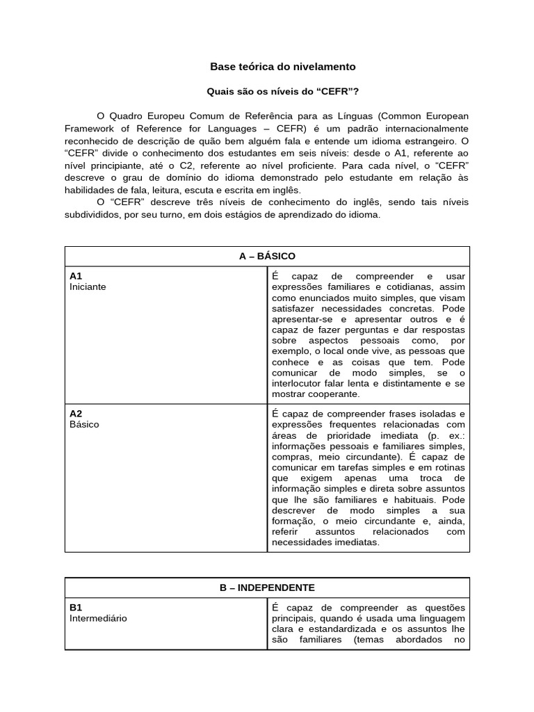 Base Teórica Do Nivelamento e Proposta de Novo Nivelamento de INGLÊS | PDF