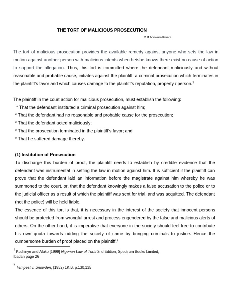 MALICIOUS PROSECUTION | PDF