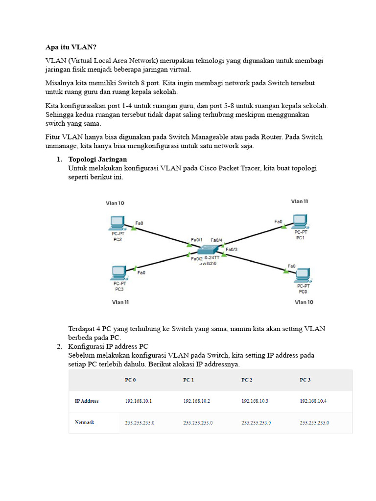 Cara Konfigurasi VLAN Cisco Packet Tracer | PDF