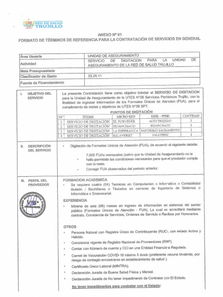 TDR - Servicio de 4 Digitadores Sis | PDF
