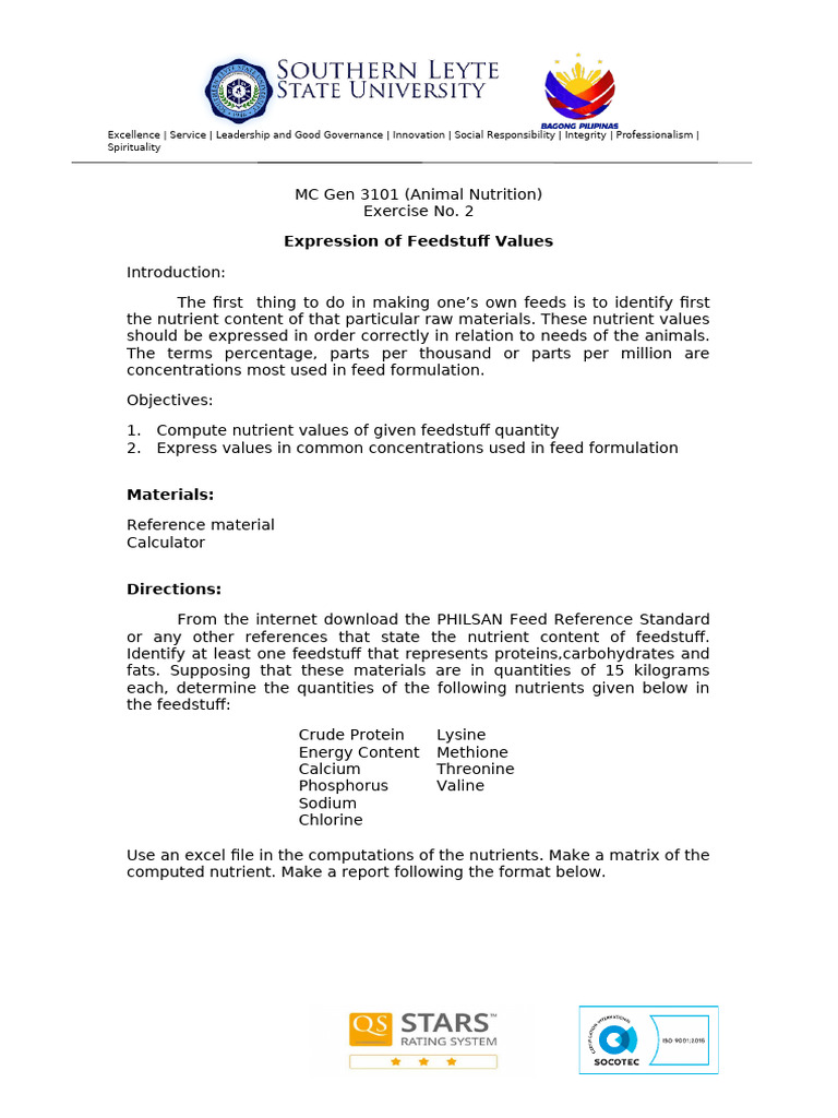 Exercise 2 Expression of Feedstuff Values | PDF
