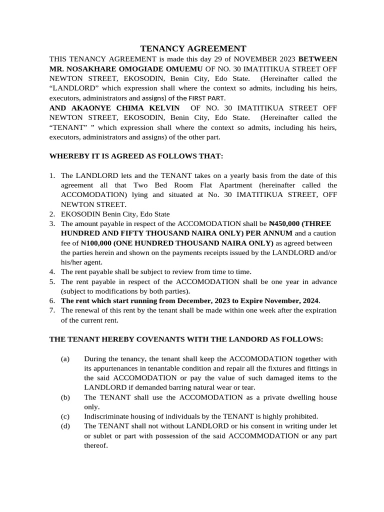 Bright's Tenancy Agreement Example | PDF