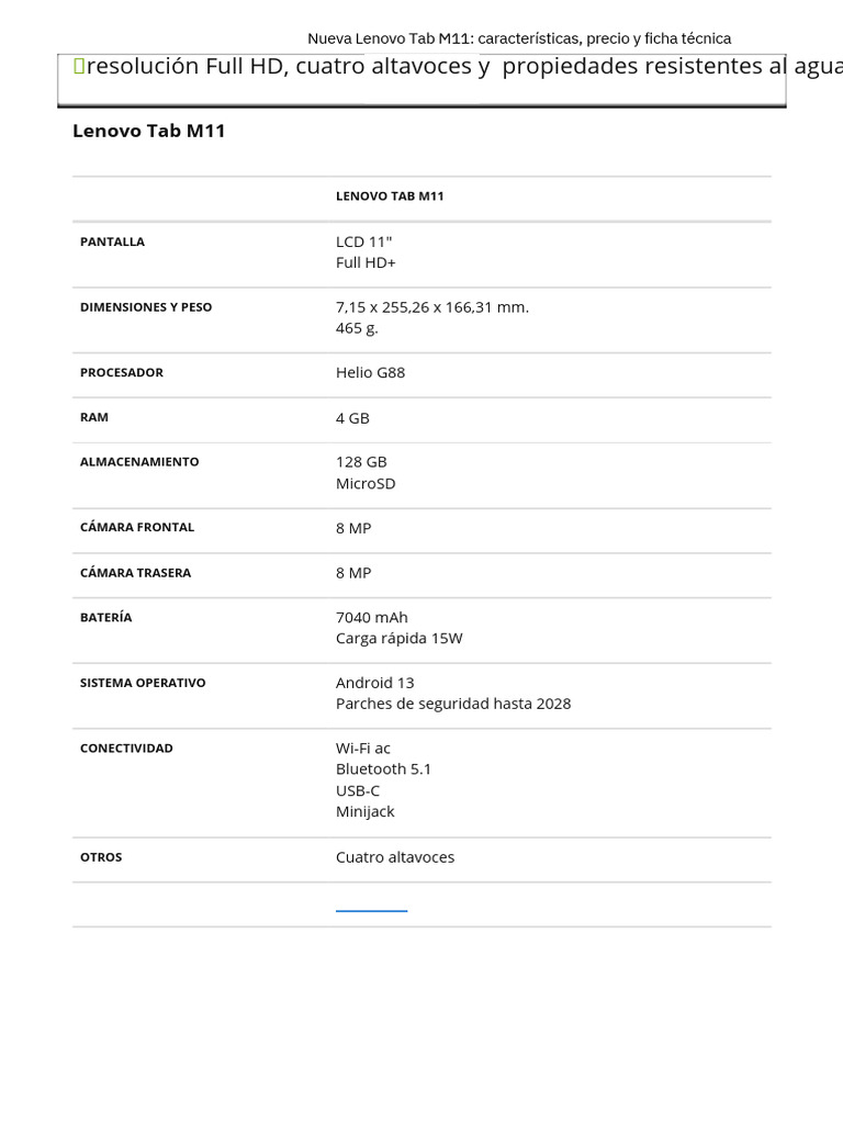 Nueva Lenovo Tab M11_ características, precio y ficha técnica.pdf | PDF