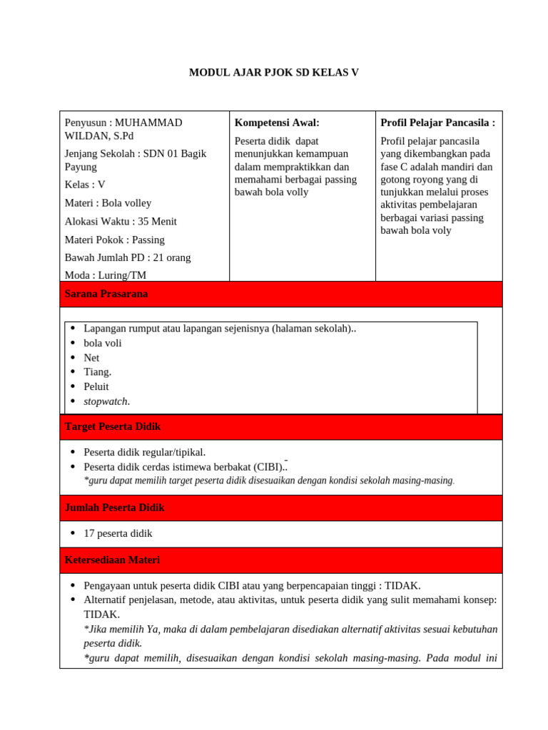 Tugas PKG MODUL AJAR PJOK SD KELAS V | PDF