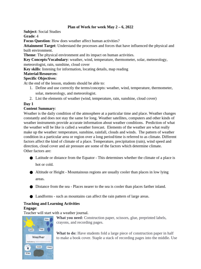 Plan of Work Beginning May 2-6, 2022 Grade 4 Social Studies Week 1 | PDF