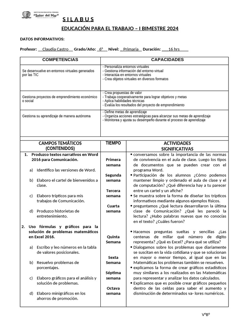 SILABUS DE APRENDIZAJE E P T - 6° Primaria | PDF