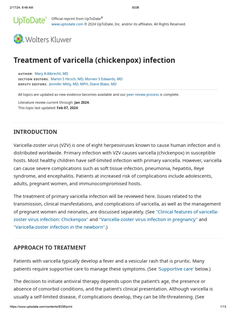 Treatment of Varicella (Chickenpox) Infection | PDF