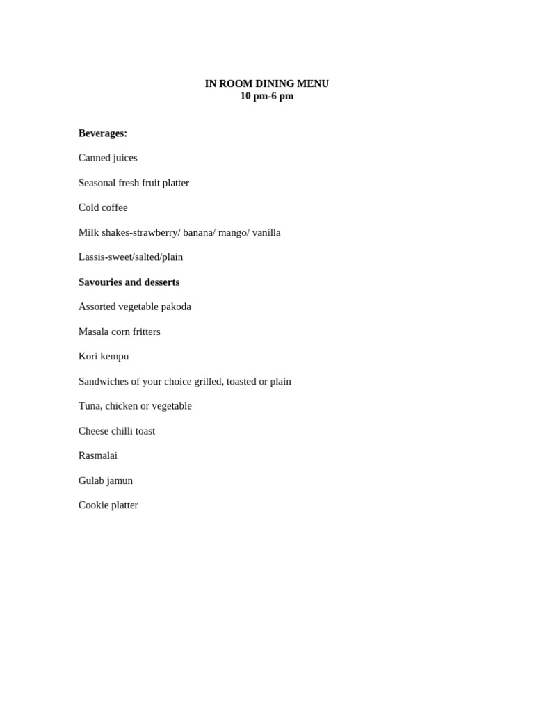 Room Service Menu | PDF