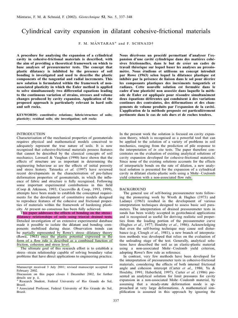 Mántaras, Schnaid. 2002. Cylindrical Cavity Expansion in Dilatant ...