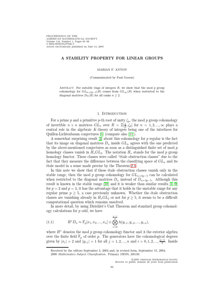 (Anton) A Stability Property For Linear Groups | PDF