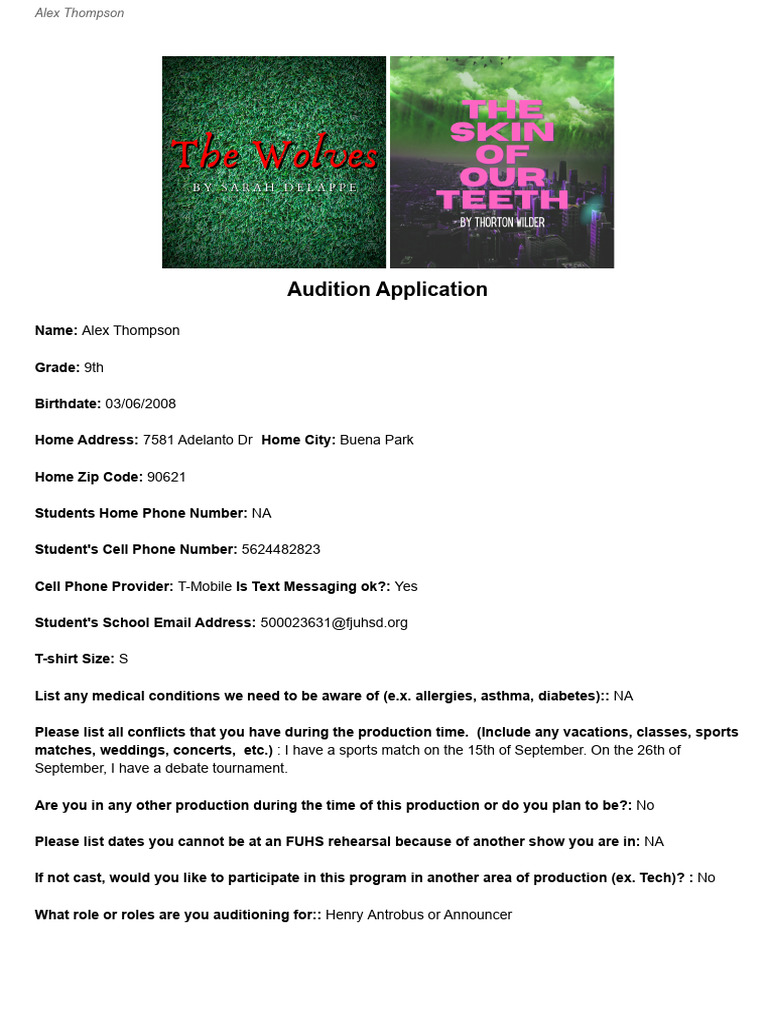 Fall 2022 Audition Application Template Alex Thompson | PDF