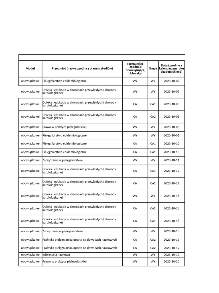 Harmonogram - Pielęgniarstwo II ST ST, 1 Rok, Zima 2023-2024 | PDF