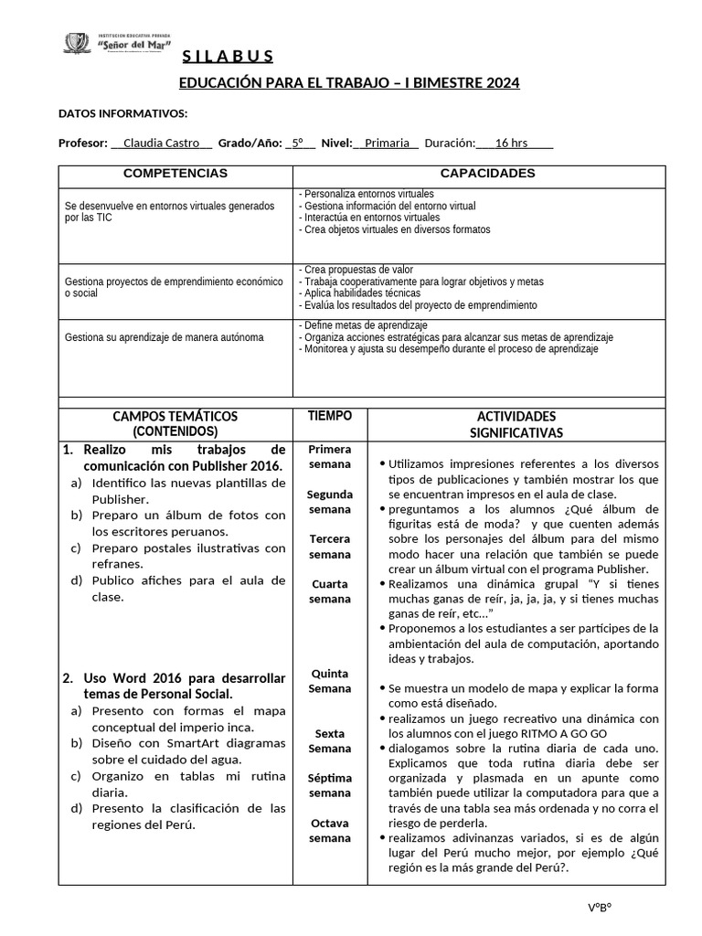 Silabus De Aprendizaje E P T 5° Primaria Pdf 0550
