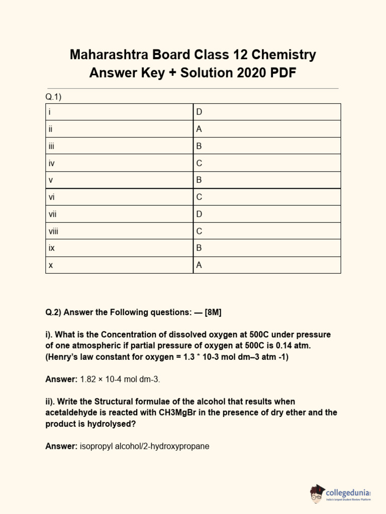 Maharashtra Board Class 12 Chemistry Answer Key Solution 2020 PDF | PDF ...