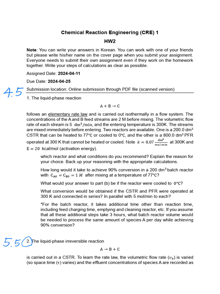 Chemical Reaction Engineering (CRE) 1 HW2 | PDF