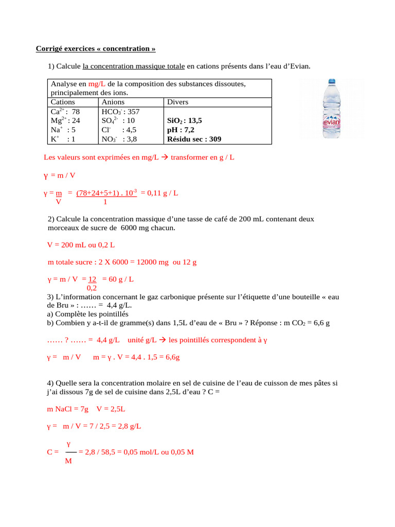 CorrigÃ© Exercices Concentration 2 | PDF