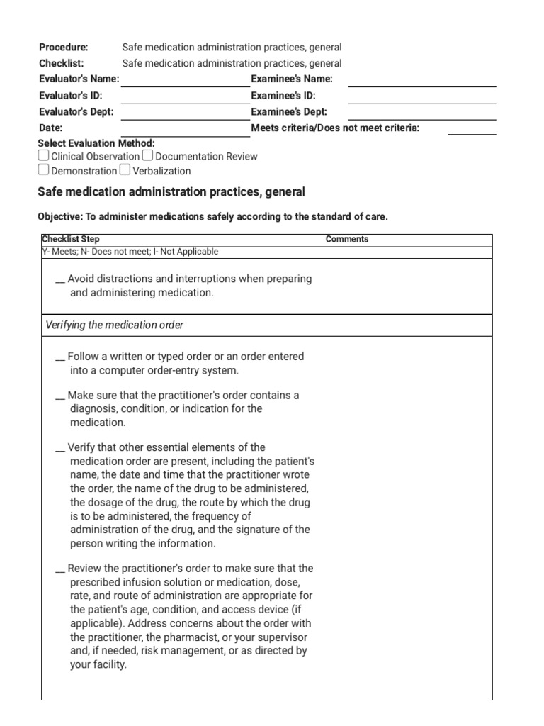 © 2024 Skills Checklist - Safe Medication Administration Practices ...
