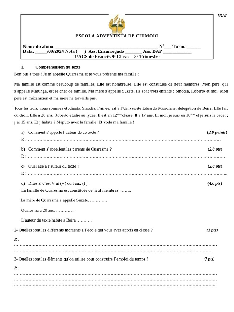 1 Evalu VARIANT IDAI 9classe - 095327 - 095823 | PDF