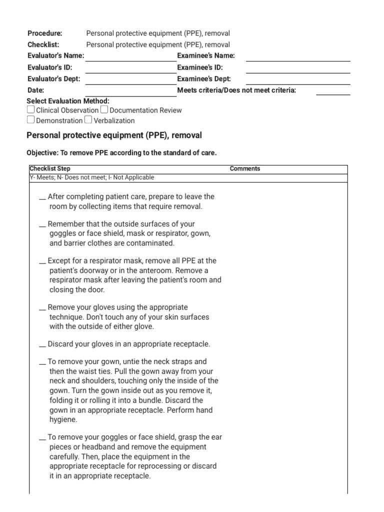 © 2024 Skills Checklist - Personal Protective Equipment (PPE), Removal ...
