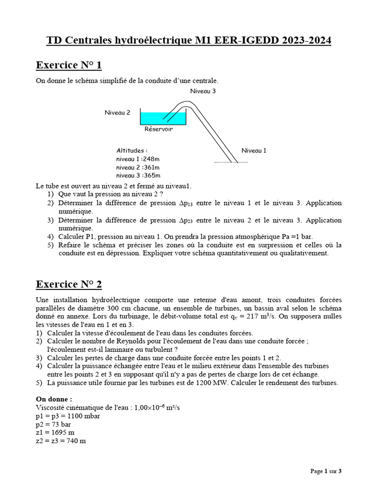 TD - Centrales Hydroélectrique M1 EER-IGEDD 2023-2024 | PDF