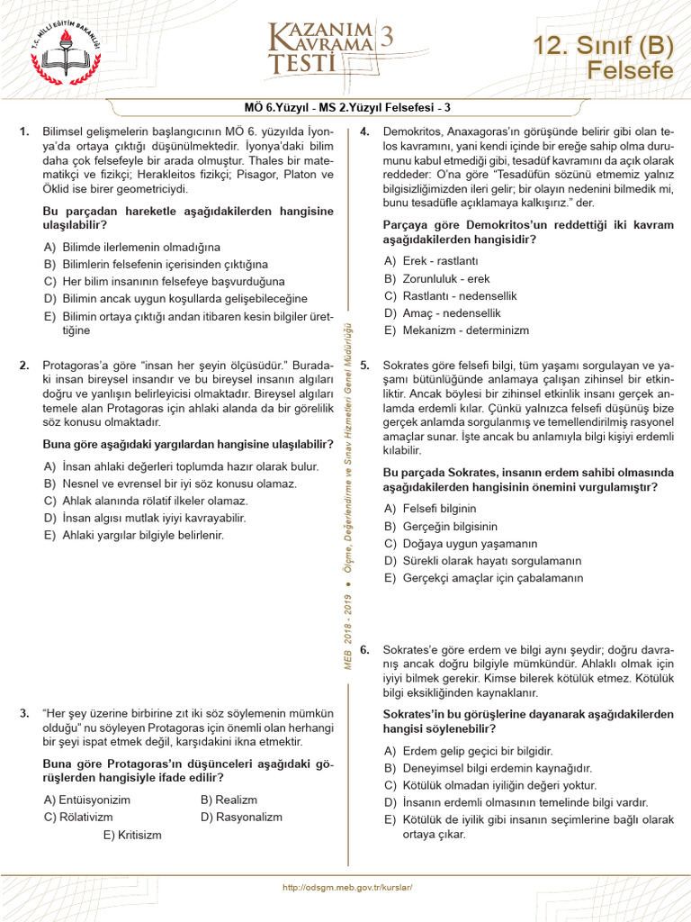 12 F (B) Felsefe: MÖ 6.yüzyıl - MS 2.yüzyıl Felsefesi - 3 | PDF