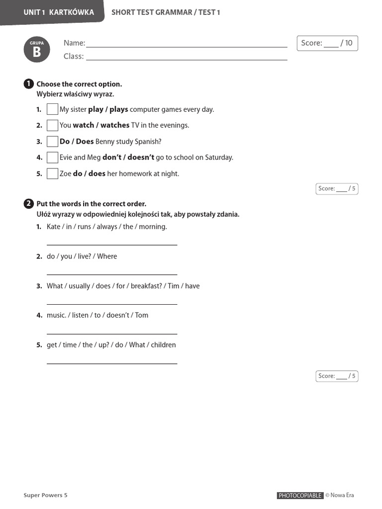 Super Powers 5 Kartkowki Gramatyczne Grupa B | PDF