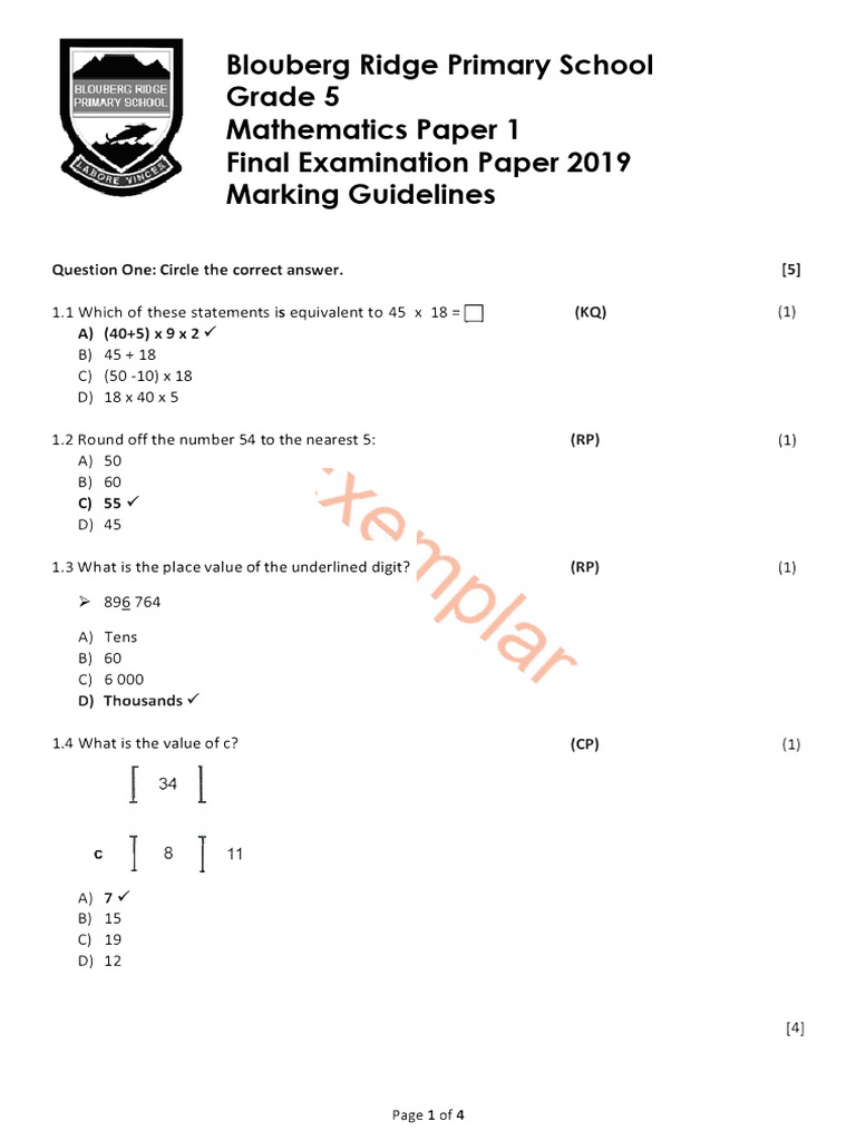 Grade 5 Mathematics Paper 1 Final Examination 2019 Marking Guidelines 1 ...