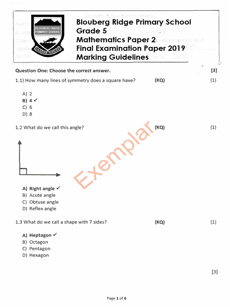 Grade 5 Mathematics Paper 2 Final Examination 2019 Marking Guidelines 1 | PDF