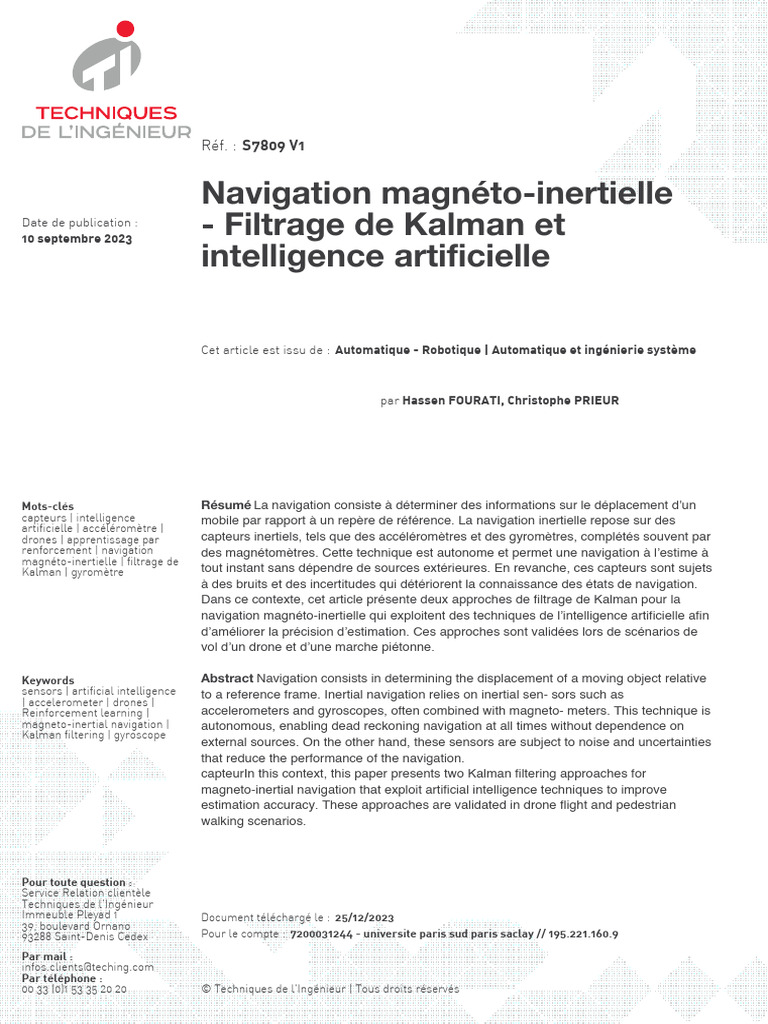 TI Navigation Magnéto-Inertielle - Filtrage de Kalman Et Intelligence Artificielle | PDF