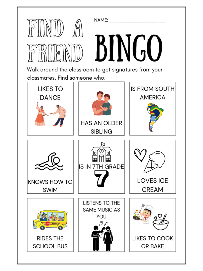 7th Grade Bingo: Find a Friend Game | PDF